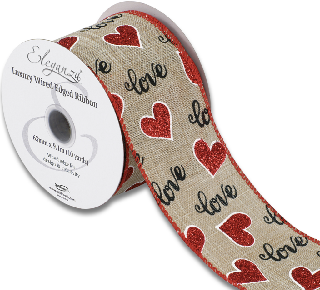 Valentine Wired Ribbon Heart/Love on Natural 63mm - Sewing Kingdom